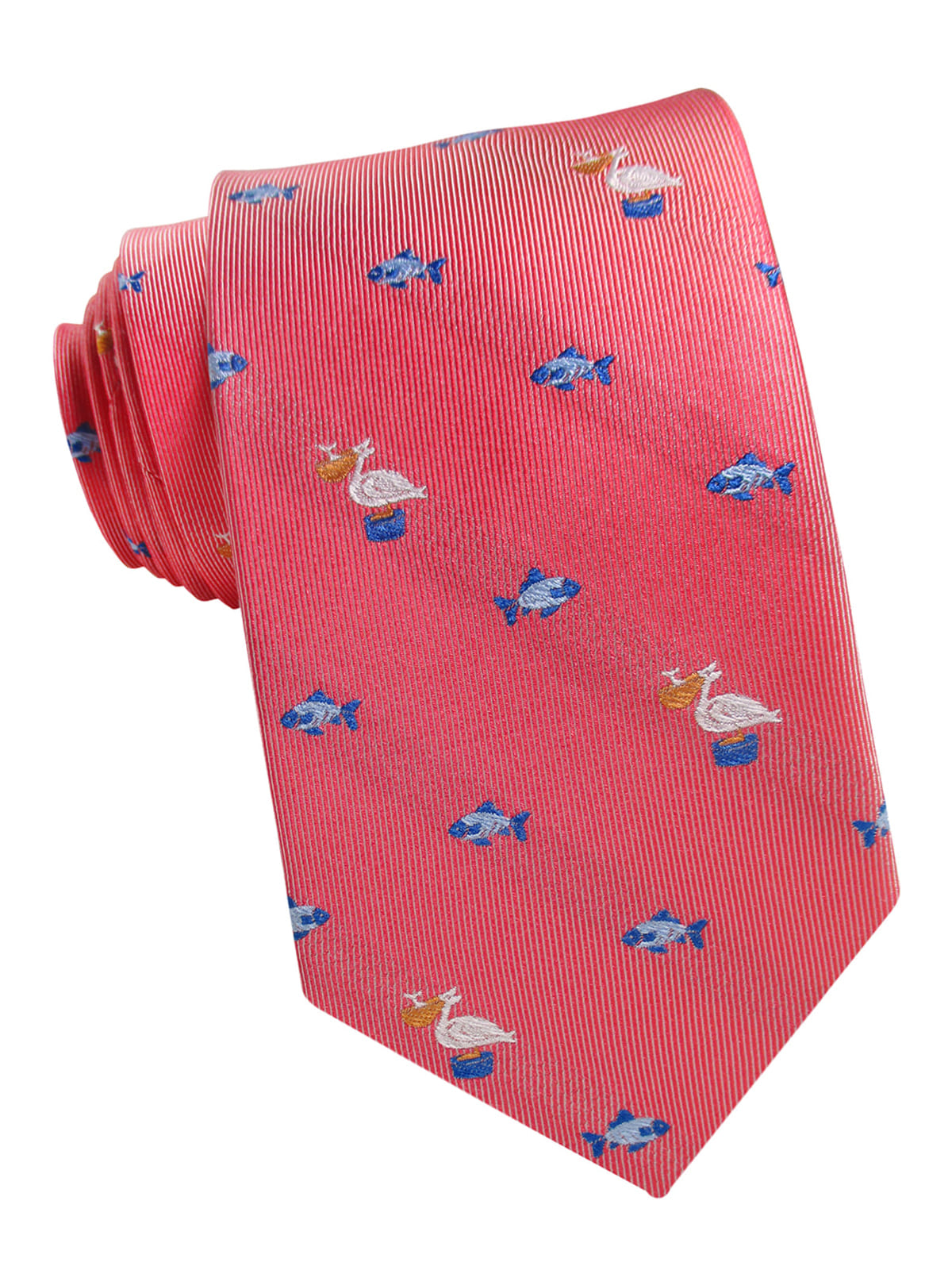 corbata seda elaborada a mano color coral motivo pelicanos y peces ...
